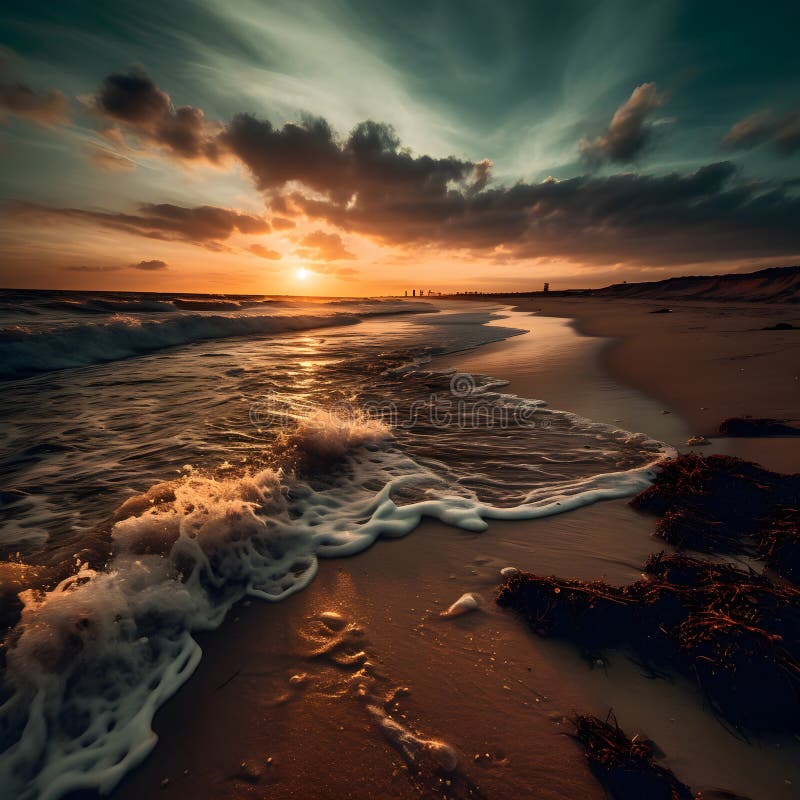 Realistic Beach, Sunset Over Ocean, Oil Paint, AI Generated, Generative ...