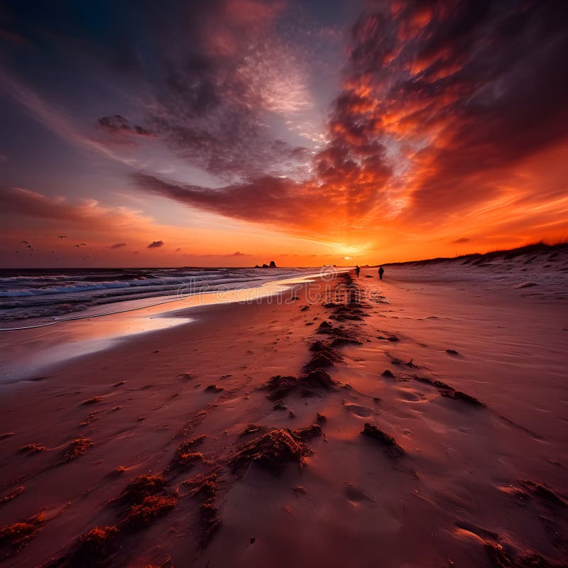 Realistic Beach, Sunset Over Ocean, Oil Paint, AI Generated, Generative ...