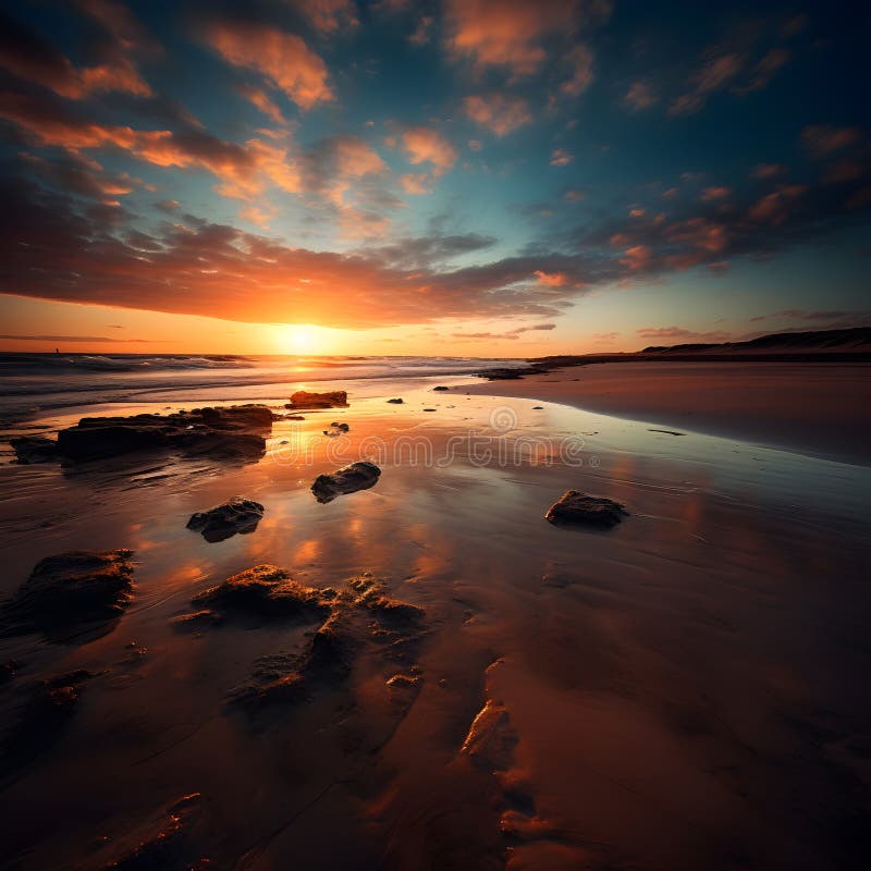 Realistic Beach, Sunset Over Ocean, Oil Paint, AI Generated, Generative ...