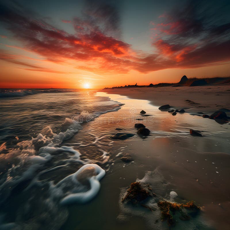 Realistic Beach, Sunset Over Ocean, Oil Paint, AI Generated, Generative ...