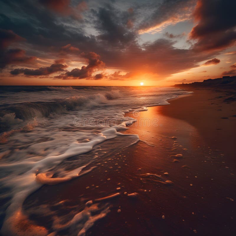 Realistic Beach, Sunset Over Ocean, Oil Paint, AI Generated, Generative ...