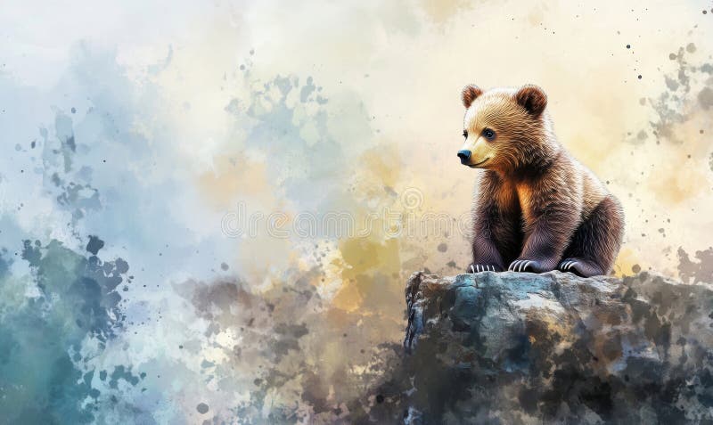 Realistic Bear Cub Sitting on Rock with Colorful Abstract Background ...