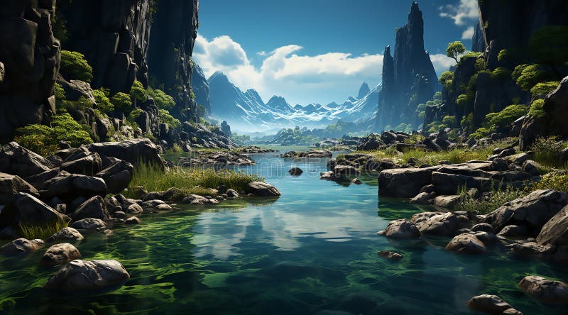 Realistic Beautiful Cliffs of the Fantasy World. River Water in the ...