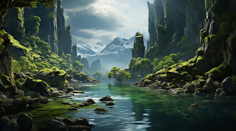Realistic Beautiful Cliffs of the Fantasy World. River Water in the ...