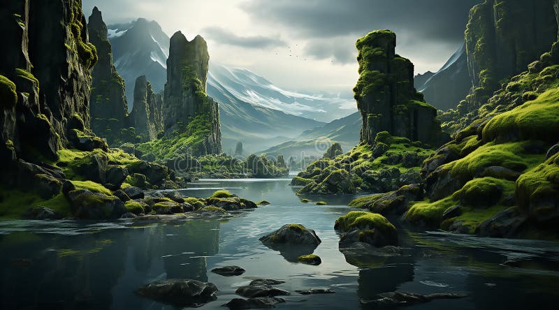 Realistic Beautiful Cliffs of the Fantasy World. River Water in the ...