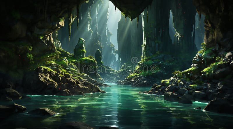 Realistic Beautiful Cliffs of the Fantasy World. River Water in the ...