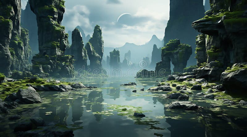 Realistic Beautiful Cliffs of the Fantasy World. River Water in the ...