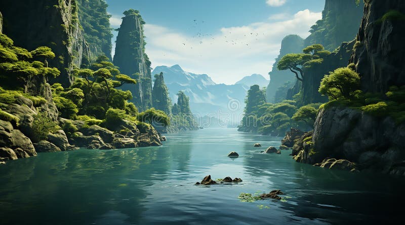 Realistic Beautiful Cliffs of the Fantasy World. River Water in the ...