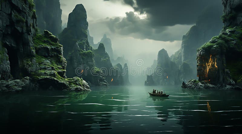 Realistic Beautiful Cliffs of the Fantasy World. River Water in the ...