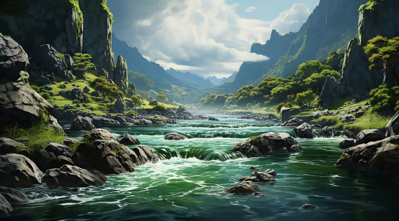 Realistic Beautiful Cliffs of the Fantasy World. River Water in the ...