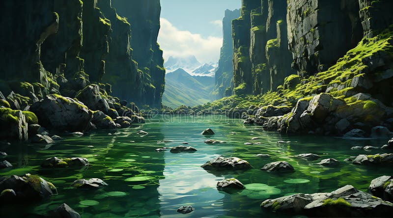Realistic Beautiful Cliffs of the Fantasy World. River Water in the ...