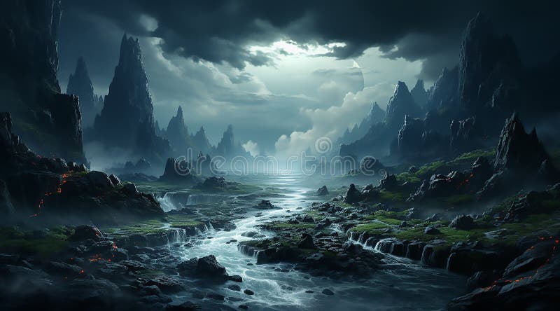 Realistic Beautiful Cliffs of the Fantasy World. River Water in the ...