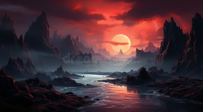 Realistic Beautiful Cliffs of the Fantasy World. River Water in the ...