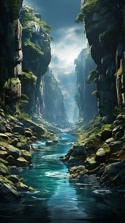 Realistic Beautiful Cliffs of the Fantasy World. River Water in the ...