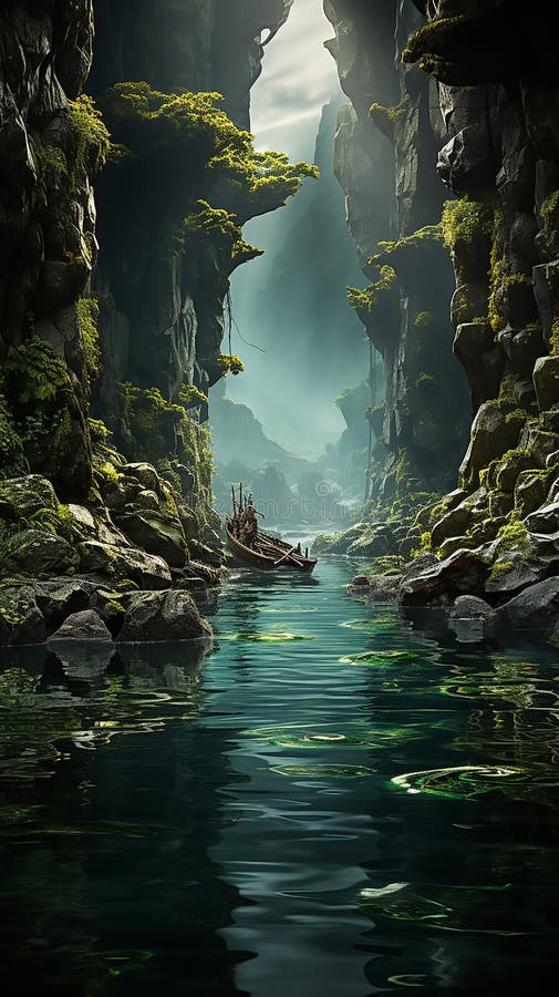 Realistic Beautiful Cliffs of the Fantasy World. River Water in the ...