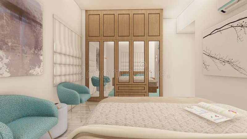 Realistic Bedroom One Point Perspective Stock Illustration ...