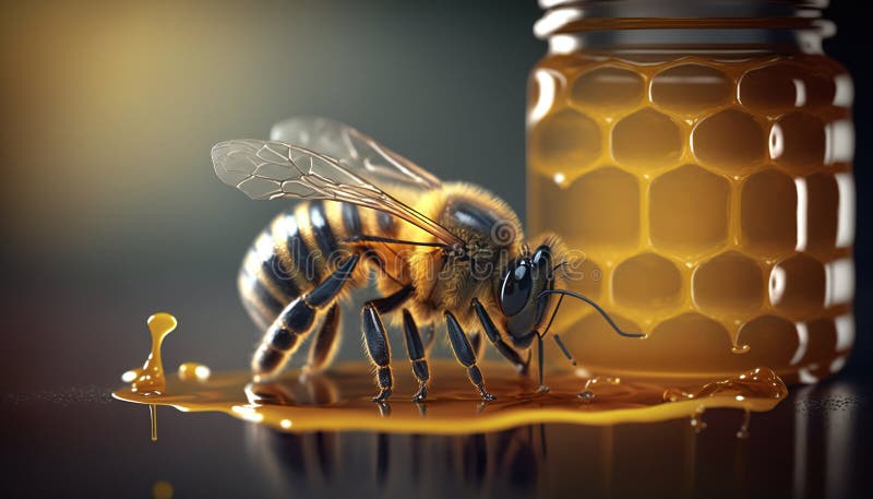 Realistic Bee Near the Jar Full of Honey. Generative Ai Stock ...