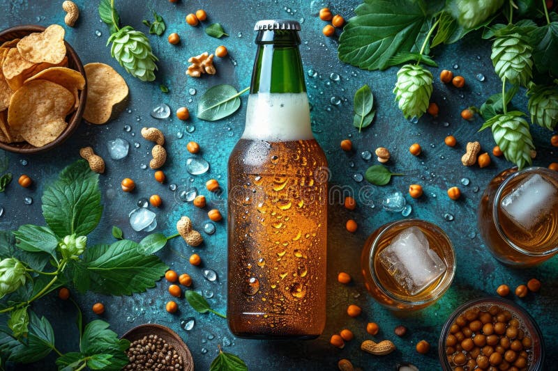 Realistic Beer Bottle with Golden Bubbles on the Background with Snacks ...