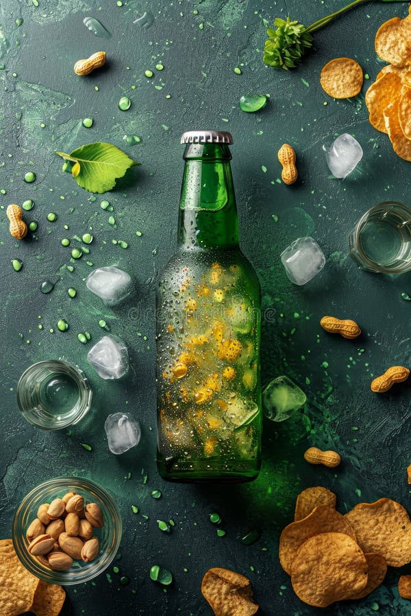 Realistic Beer Bottle with Golden Bubbles on the Background with Snacks ...
