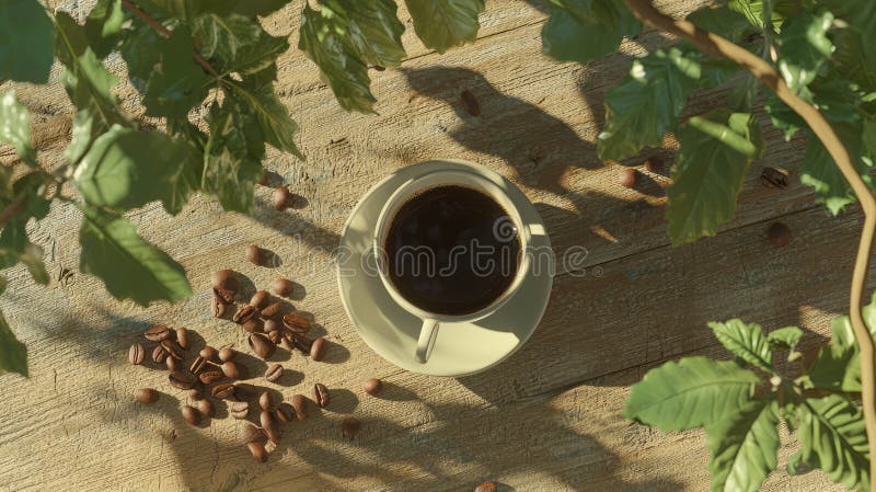 Realistic Black Coffee in White Cup with Coffee Beans on Rustic Wooden ...