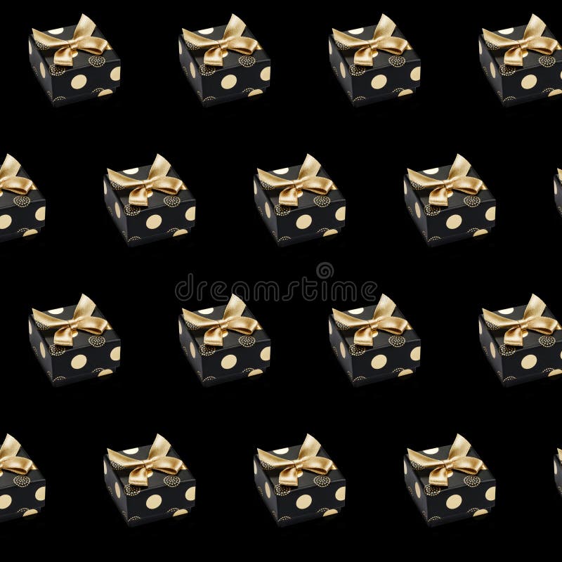 Realistic Black Gift Boxes Pattern with Gold Circles on Black ...