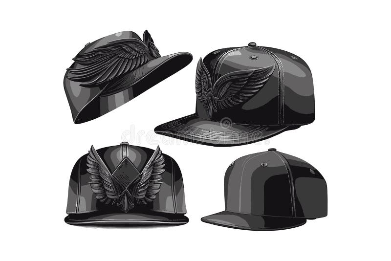 Realistic Black Rap Cap with Straight Visor Set. Vector Illustration ...