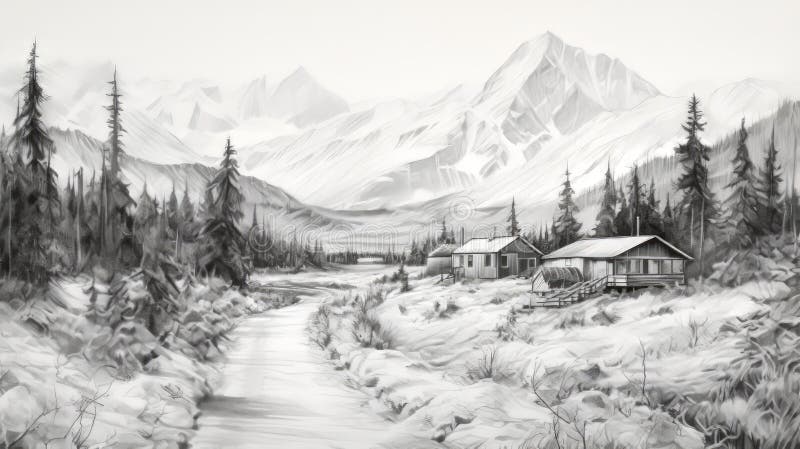 Realistic Black and White Sketch of Denali with 3 Houses Stock ...