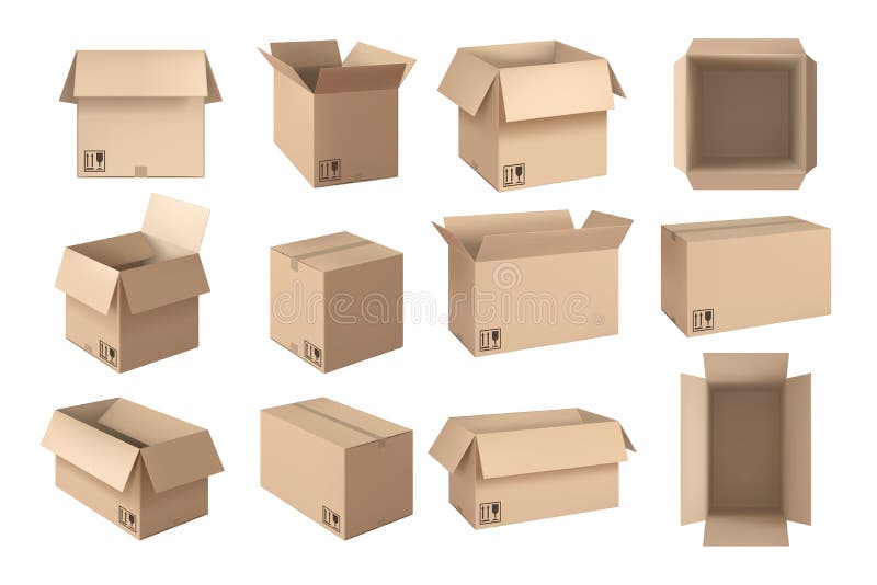 Realistic Brown Box. Postal Packaging Open Boxes, Shipping Cardboard ...