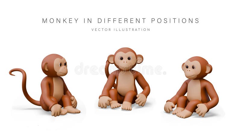 Realistic Brown Monkey in Different Positions. Funny Macaque in Cartoon ...