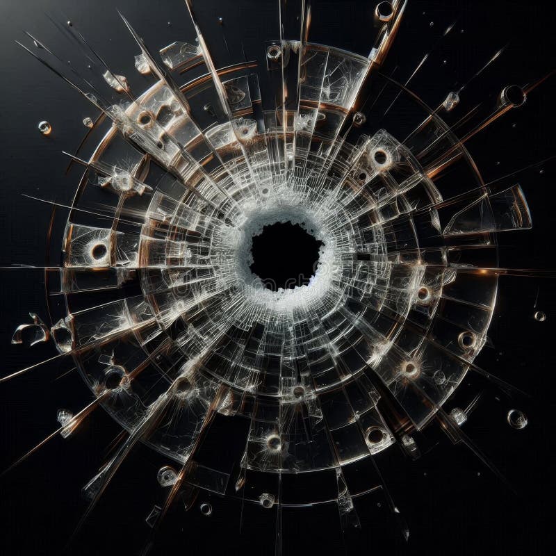 Realistic Bullet Hole in Shattered Glass, Set Against a Black Backdrop ...