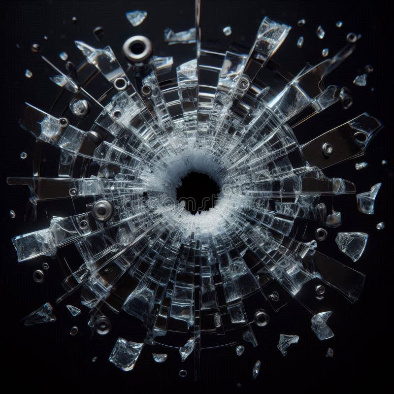 Realistic Bullet Hole in Shattered Glass, Set Against a Black Backdrop ...