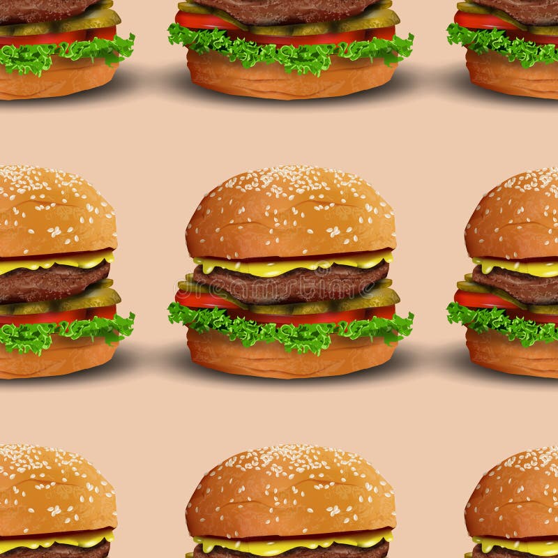 Realistic Burger Vector Seamless Pattern Illustration. Classic American ...