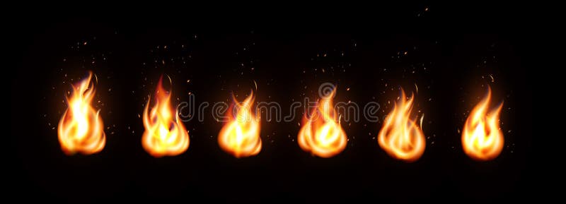Realistic Burning Fire Icon Set. Bright Hot Flame with Glowing Light ...