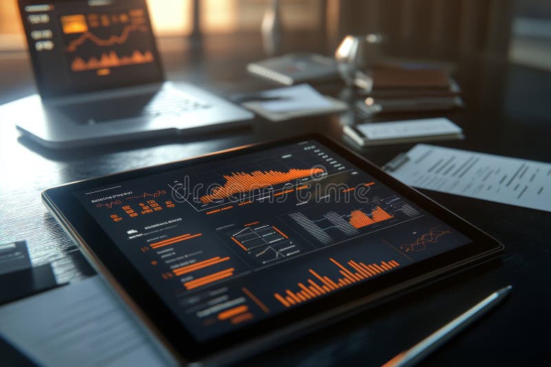 Realistic Business Data Dashboard on Tablet with Charts and Laptop in ...