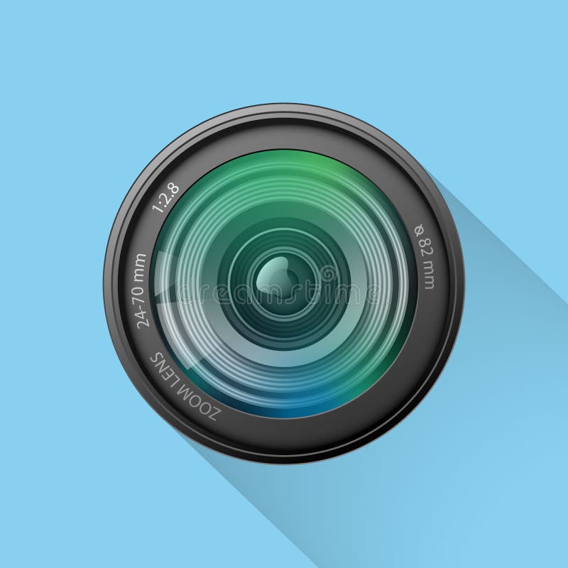 Realistic Camera Lens Icon on Blue Background, Vector Illustration ...