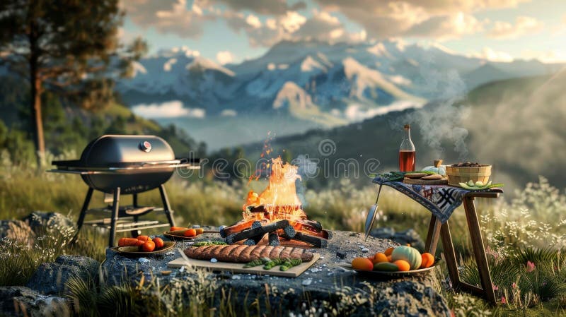 Realistic Camping Barbecue Scene with Glowing Fire Pit in Serene ...