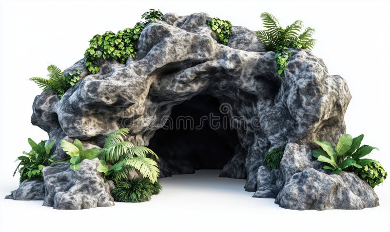 Realistic Cave Entrance with Lush Greenery and Tropical Plants Stock ...