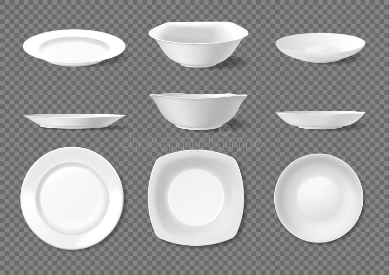 Realistic Ceramic Plates, Empty White Dishes Top and Side View ...