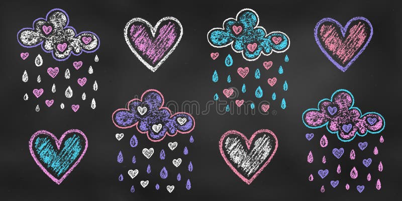 Realistic Chalk Drawn Sketch. Set of Design Elements Cloud with Rain of ...