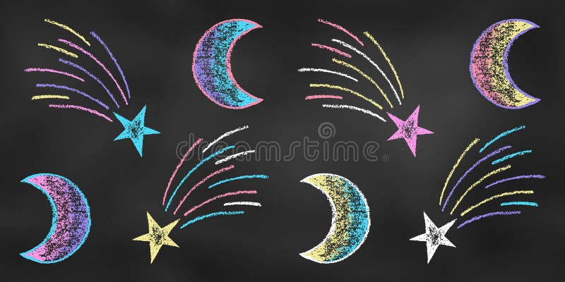 Realistic Chalk Drawn Sketch. Set of Design Elements Stars and Moons ...