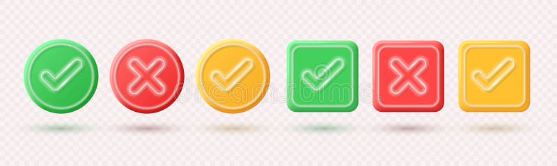 Realistic Check Mark and Cross Icons of Round and Square Shapes in 3D ...