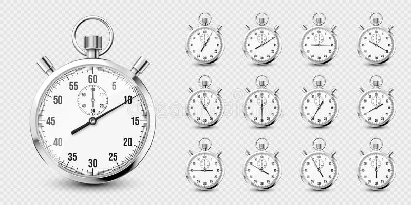 Realistic Classic Stopwatch Icons Shiny Metal Chronometer Time