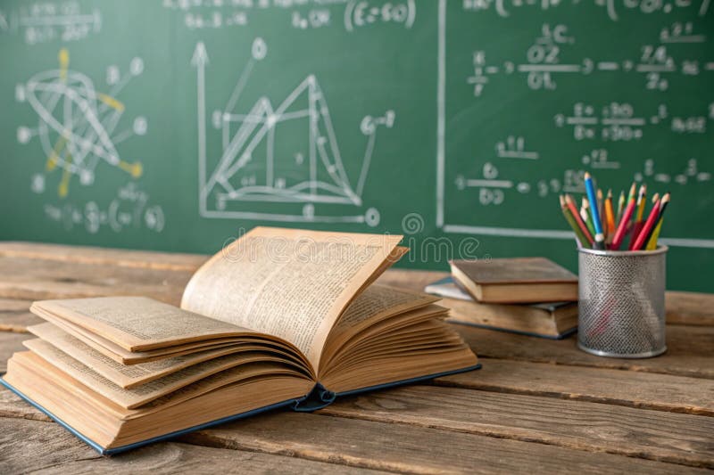 Realistic Classroom Setup with Open Book, Chalkboard, and Colored ...