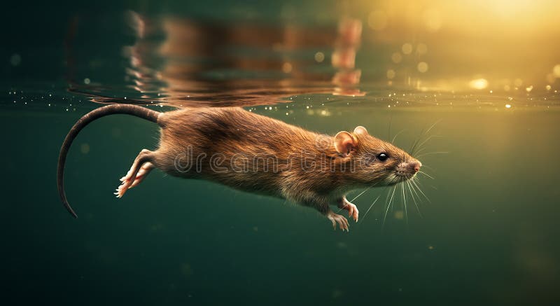 Realistic Close-up of a Brown Rat Swimming Underwater during Golden ...