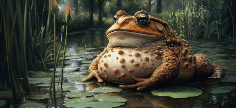 Realistic Close-up of a Large Toad Resting on Lily Pads in Serene Pond ...