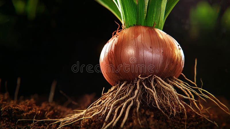 Realistic Close-up of Onion with Roots in Soil for Botanical Study or ...