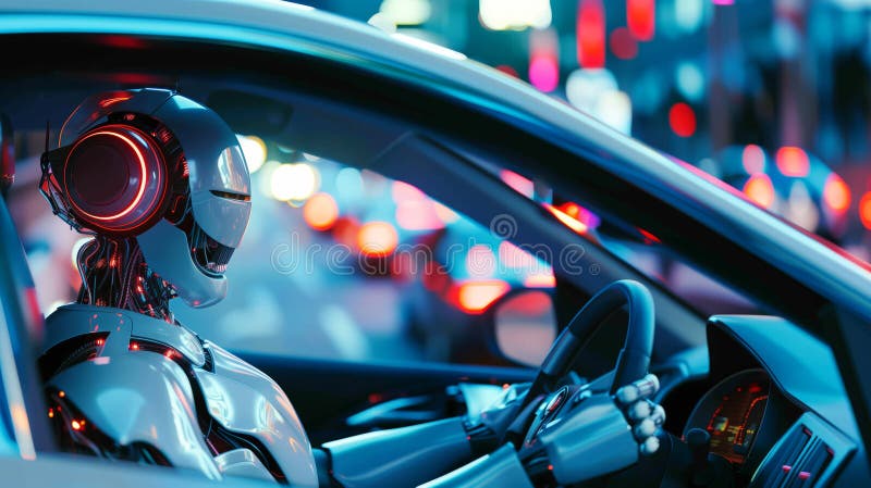 A Realistic Close-up of a Robot Driving a Car. Stock Illustration ...