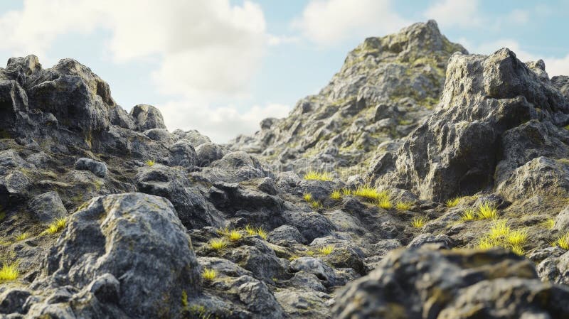 Realistic Close Up of a Rugged Terrain Featuring Sharp Rocks and Steep ...