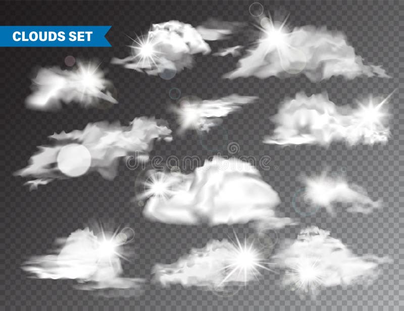 Realistic Clouds with Sun Collection. Isolated Cloud on Transparent ...