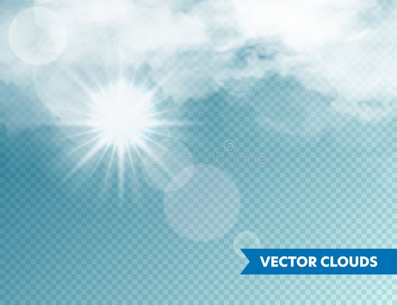 Realistic Clouds with Sun Flare. Isolated Cloud on Blue Transparent ...